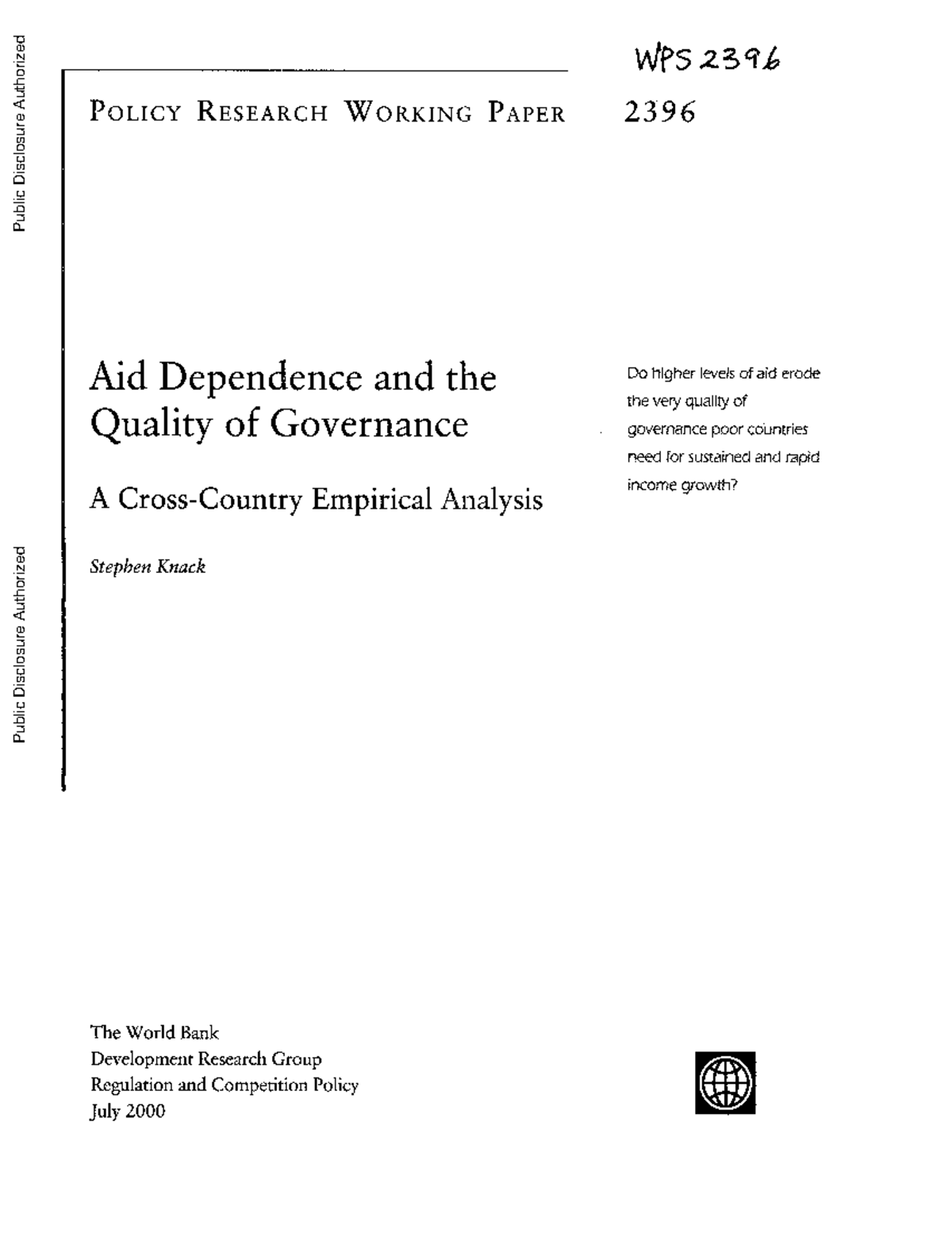 POLICY RESEARCH WORKING PAPER 2396: Aid Dependence & Governance Quality ...