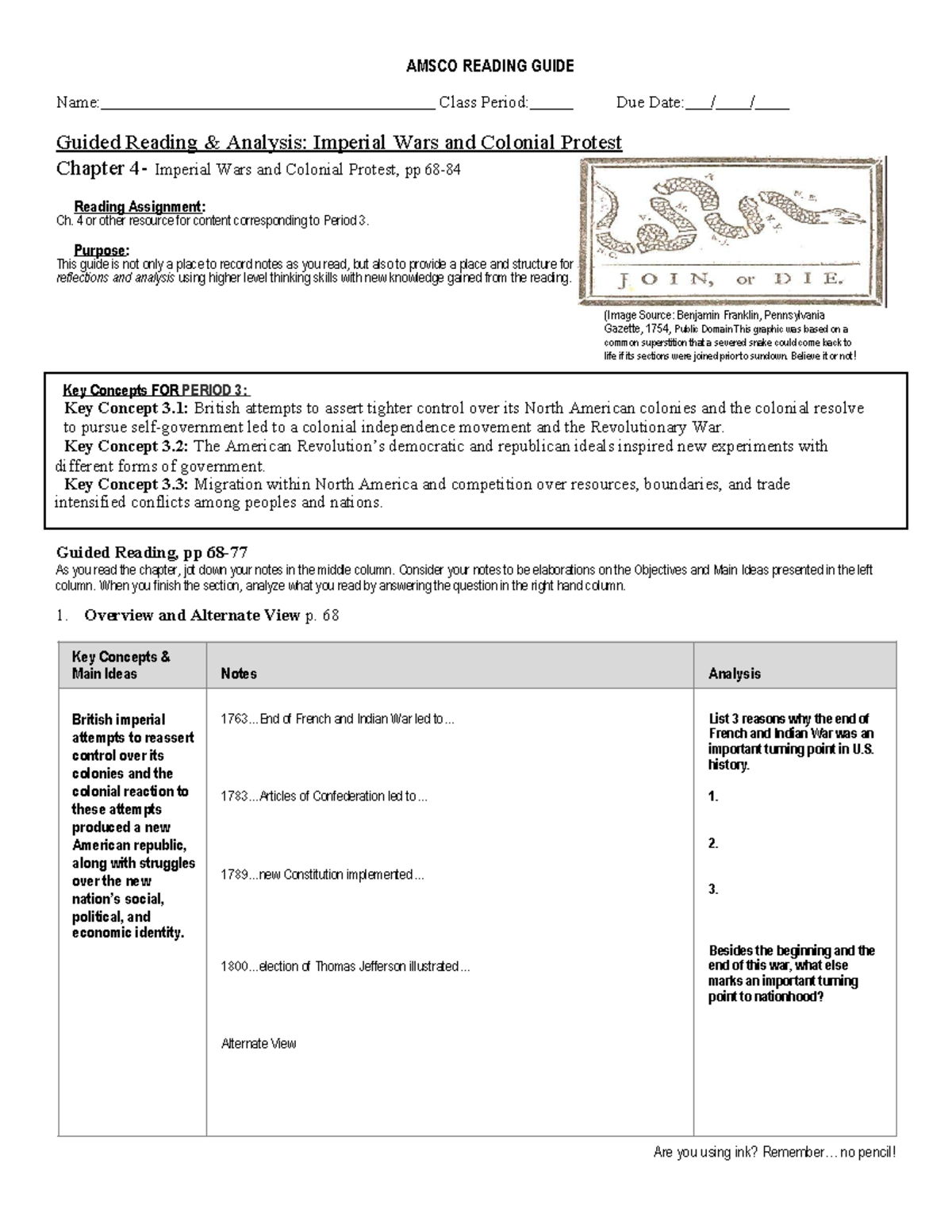AMSCO Reading Guide for APUSH: Imperial Wars & Colonial Protest (Ch. 4 ...