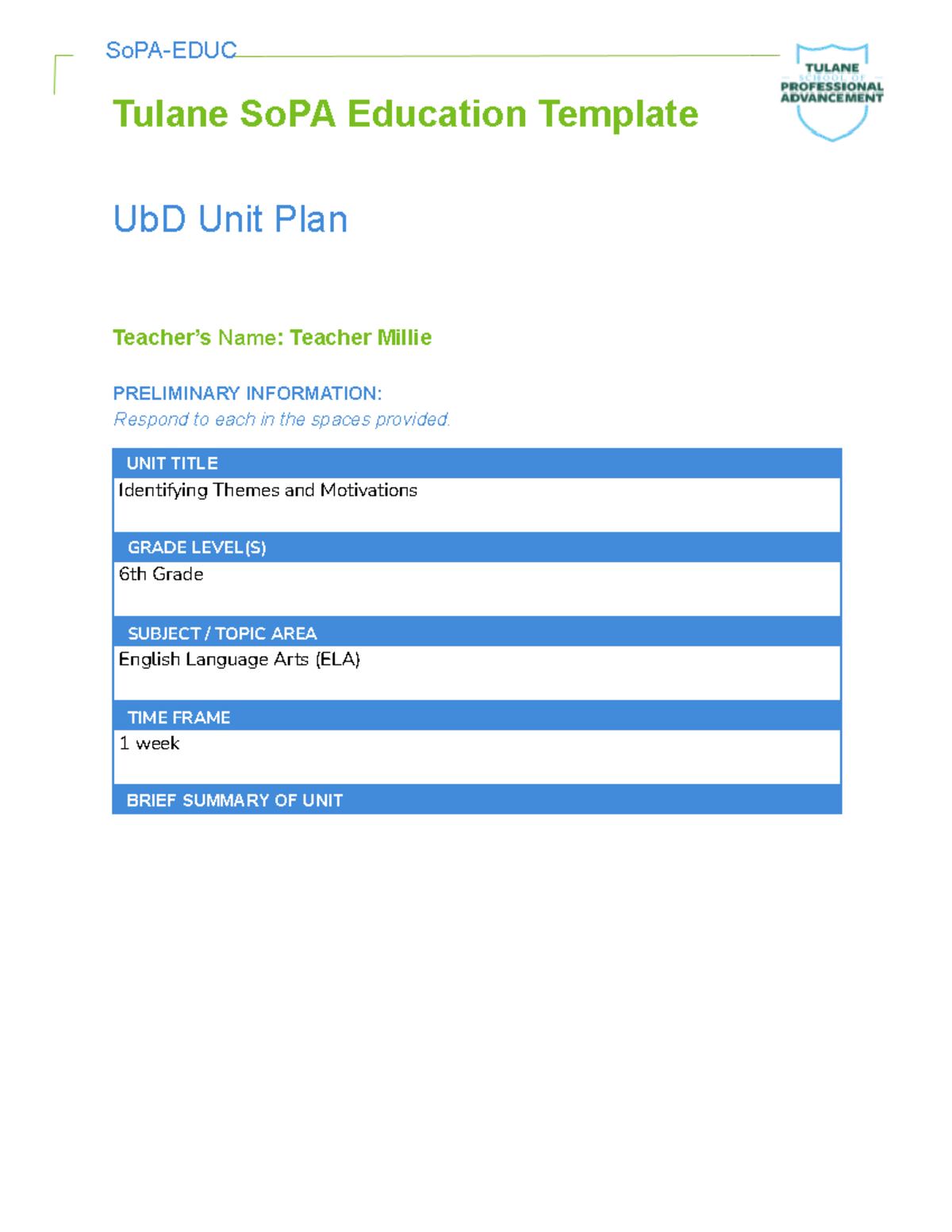 Unit Plan: Identifying Themes & Motivations in ELA (6th Grade) - Studocu