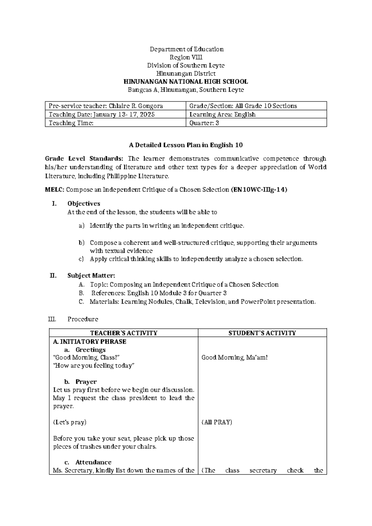 Detailed Lesson Plan: Composing an Independent Critique in English 10 ...