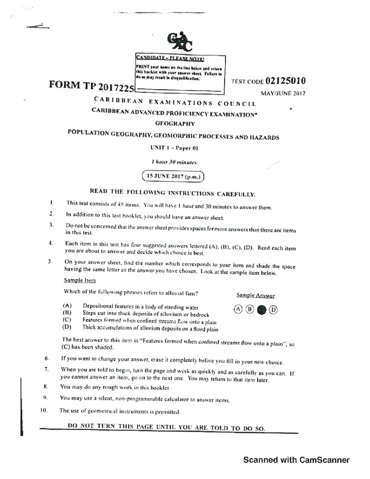 CAPE Geography Unit 1 Paper 01 - June 2017 Exam Instructions - Studocu