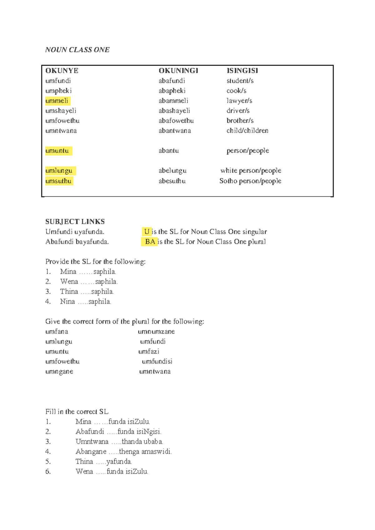 NOUN CLASS ONE - Noun Forms and Subject Links - Studocu