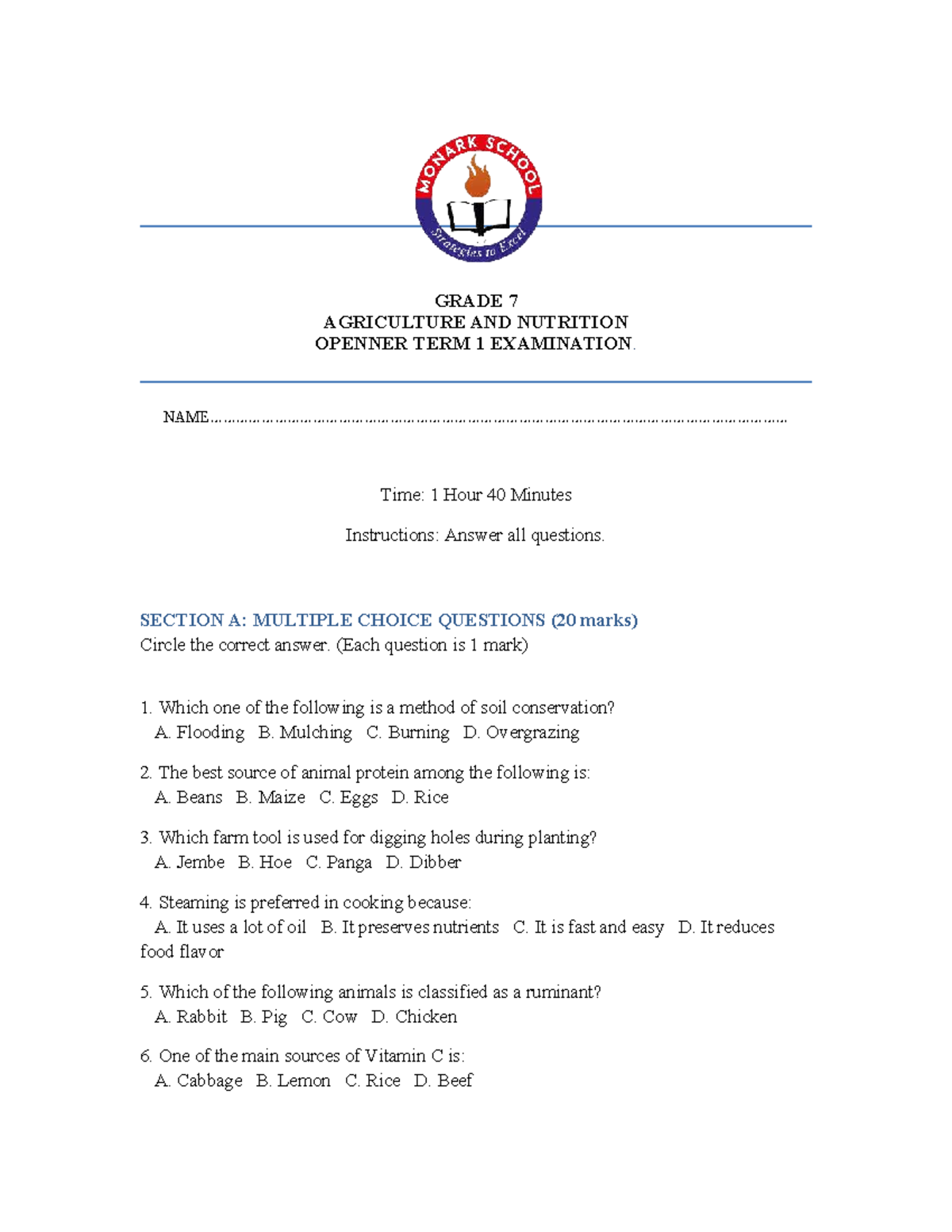 Grade 7 Agriculture & Nutrition Term 1 Exam Questions - Studocu