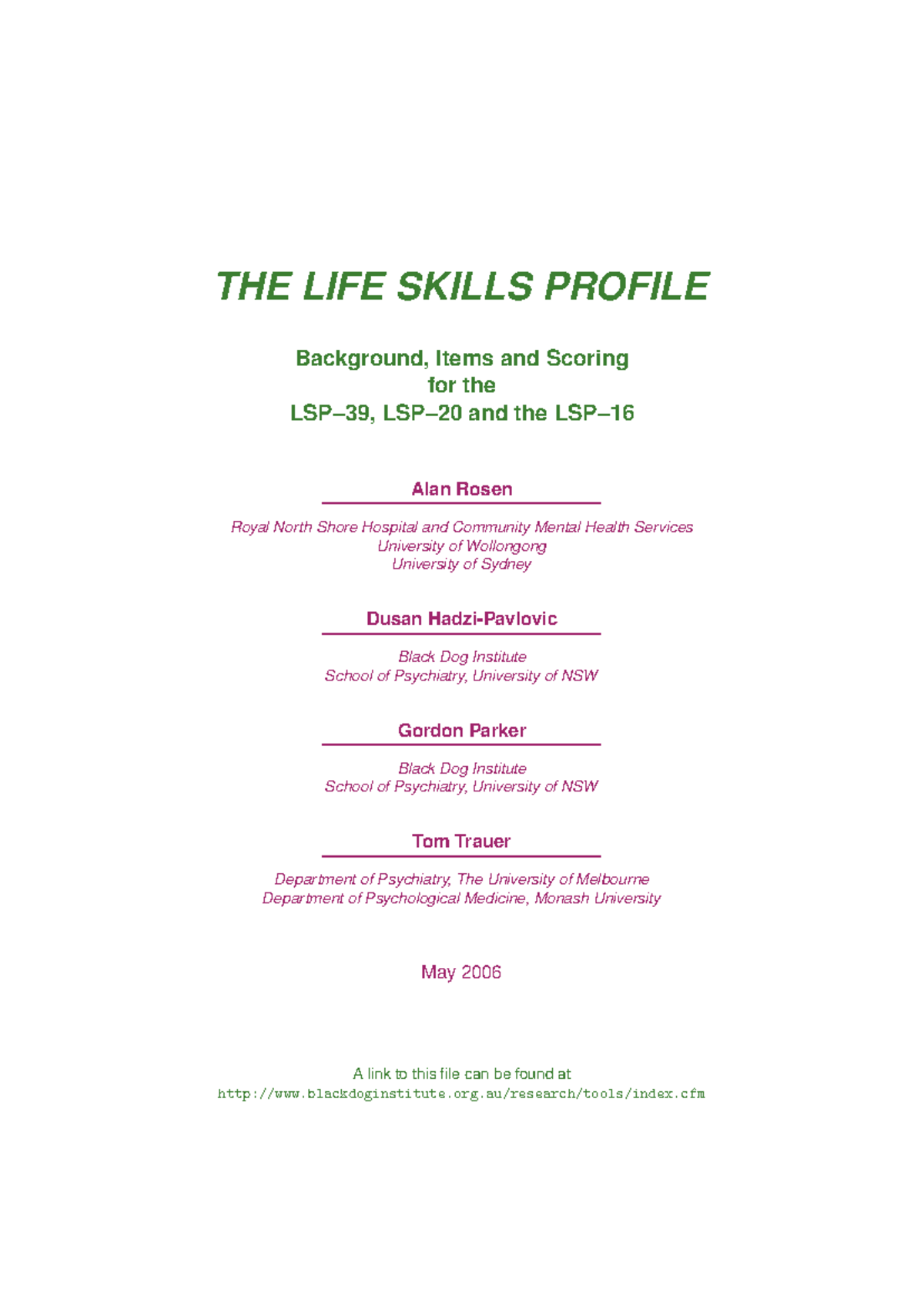 Life Skills Profile Manual: Guide for LSP-39, LSP-20, and LSP-16 - Studocu
