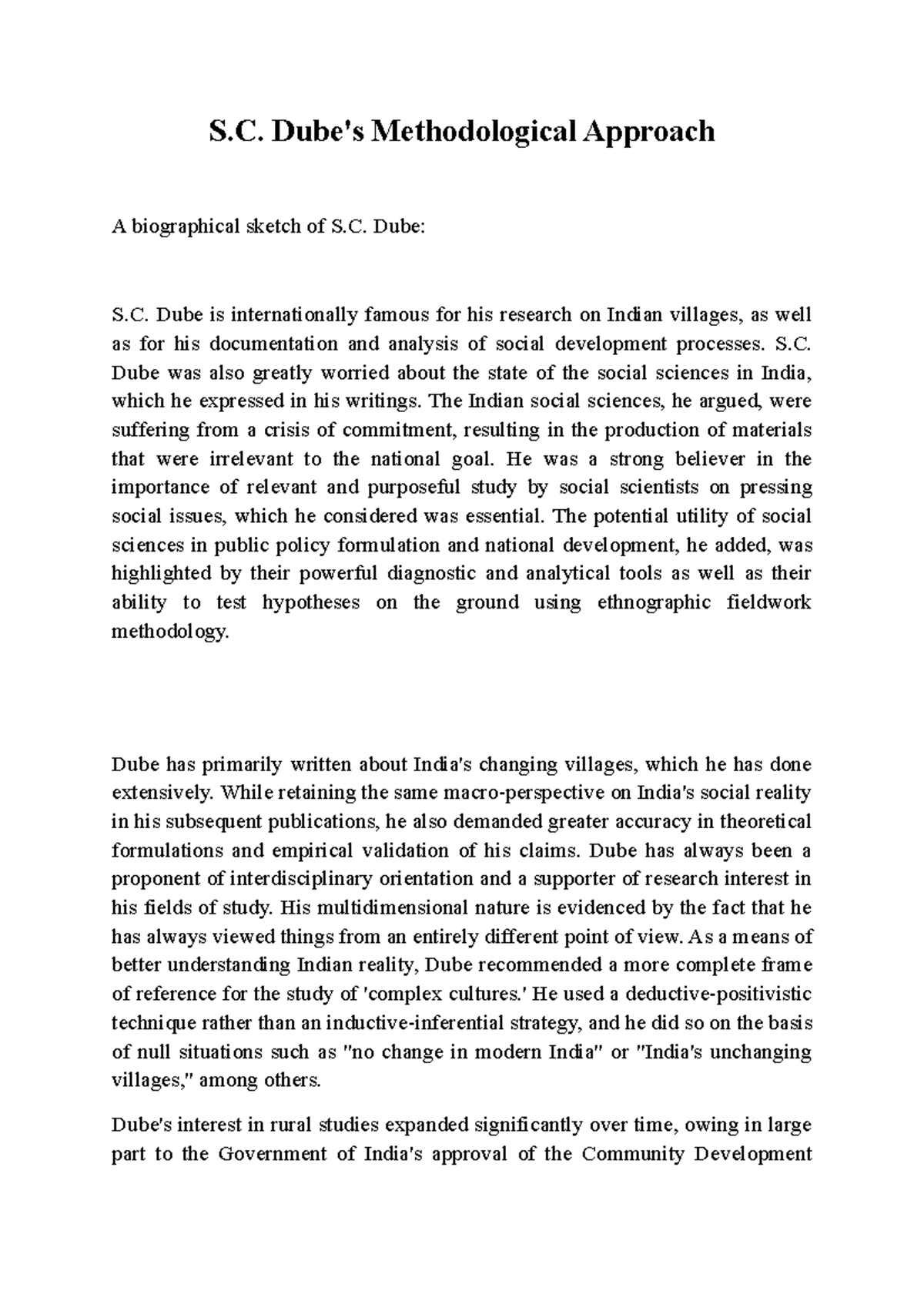 S.C. Dube's Methodological Approach to Indian Social Sciences - Studocu