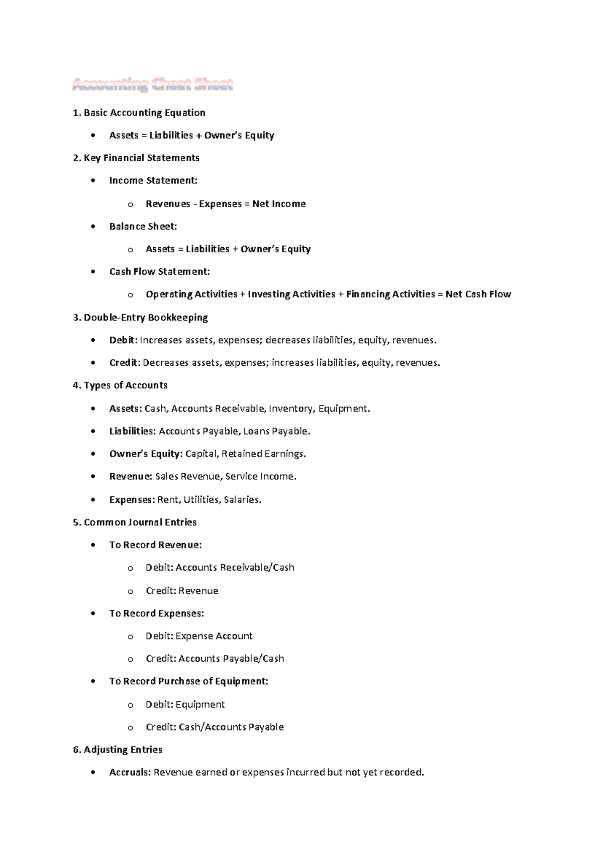 Accounting Essentials Cheat Sheet for Quick Reference - Studocu
