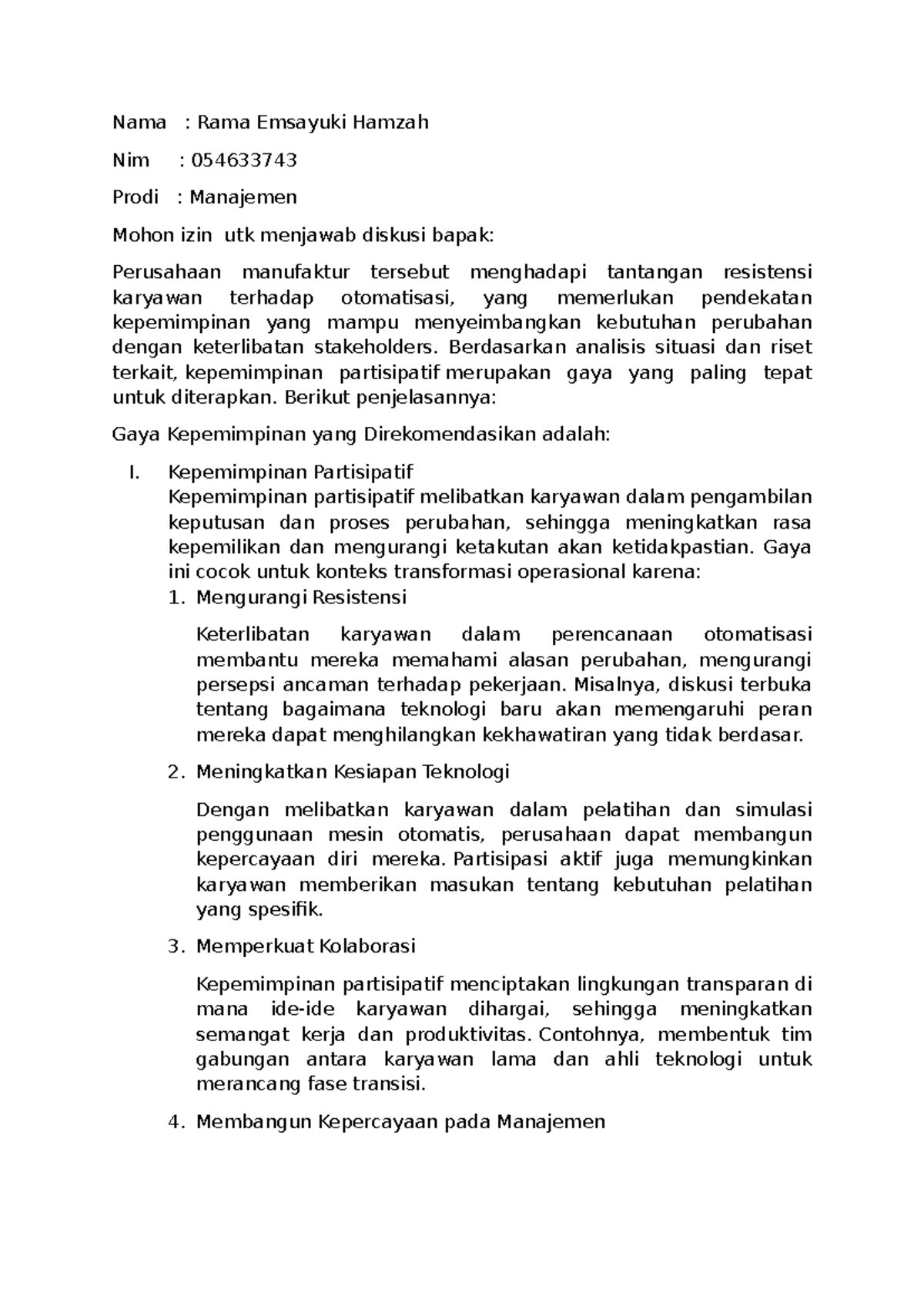 Diskusi 4: Kepemimpinan Partisipatif dalam Manajemen Perubahan ...