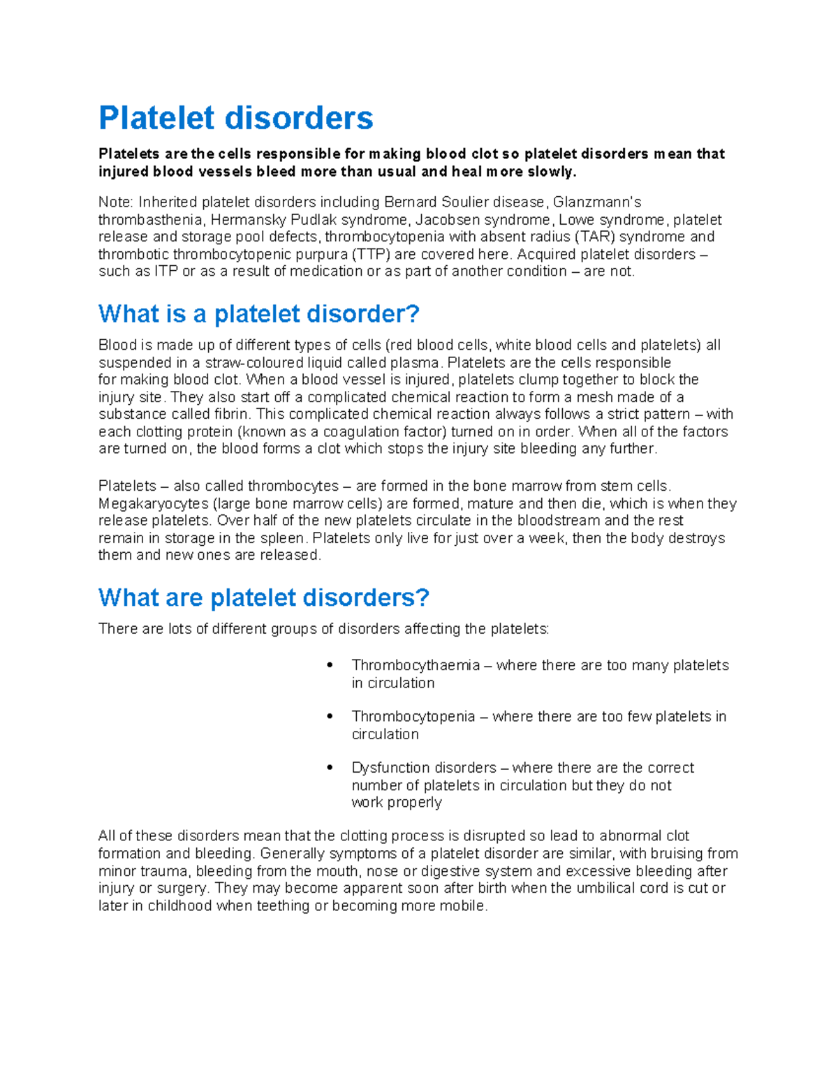 Platelet Disorders Overview - HE MA - Studocu