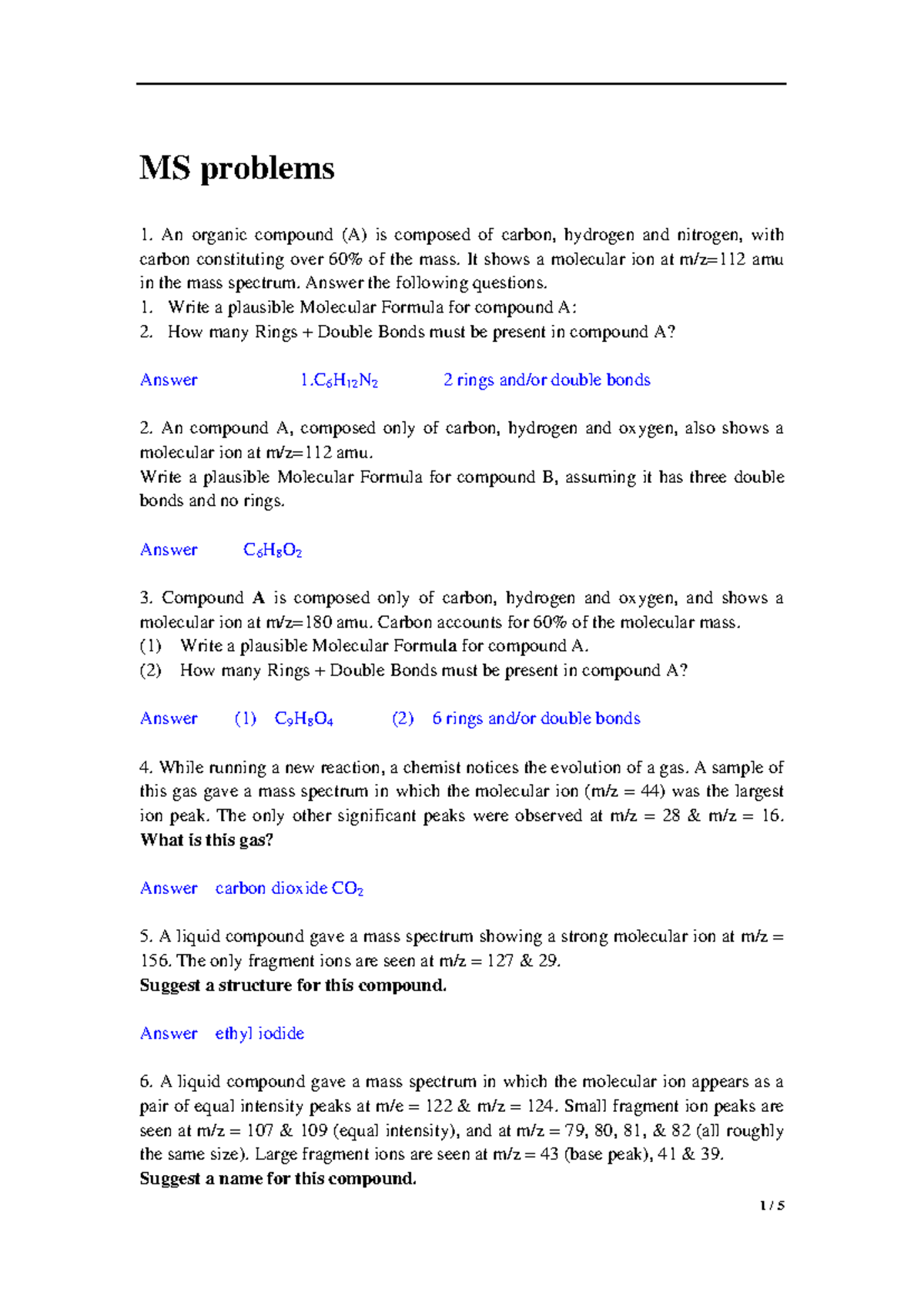 Mass Spectrometry Analysis of Compounds: MS 79 & 72 Problems - Studocu