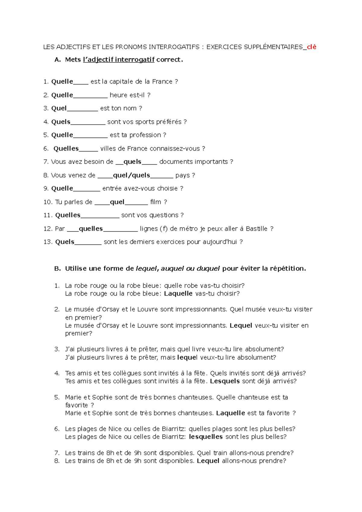 LES ADJECTIFS ET PRONOMS INTERROGATIFS : EXERCICES SUPPLÉMENTAIRES ...