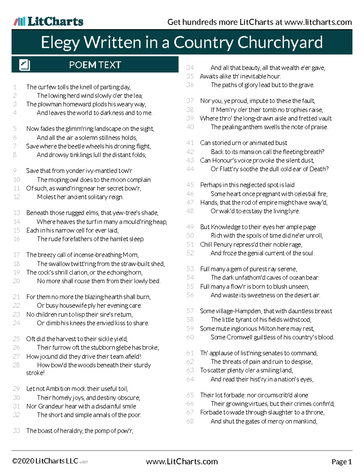 Elegy Written in a Country Churchyard: Analysis and Themes - Studocu