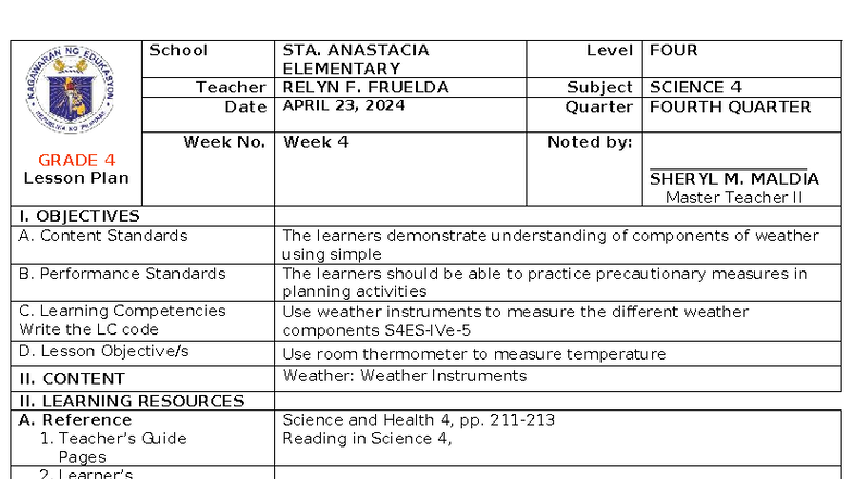 Grade 4 Science Lesson Plan: Weather Instruments (COT No. 1) - Studocu
