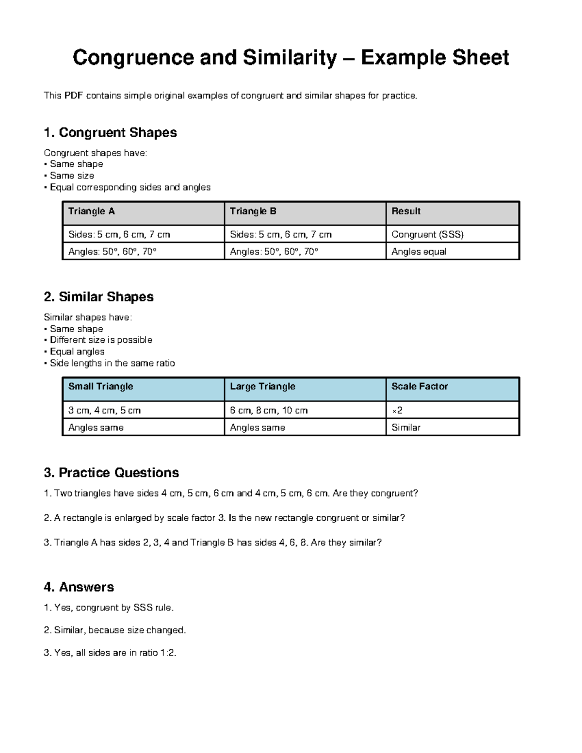 Congruence and Similarity Examples Sheet for Practice - Studocu