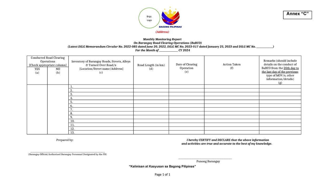 Annex C: Barangay Road Clearing Ops Monitoring Report Template - Studocu