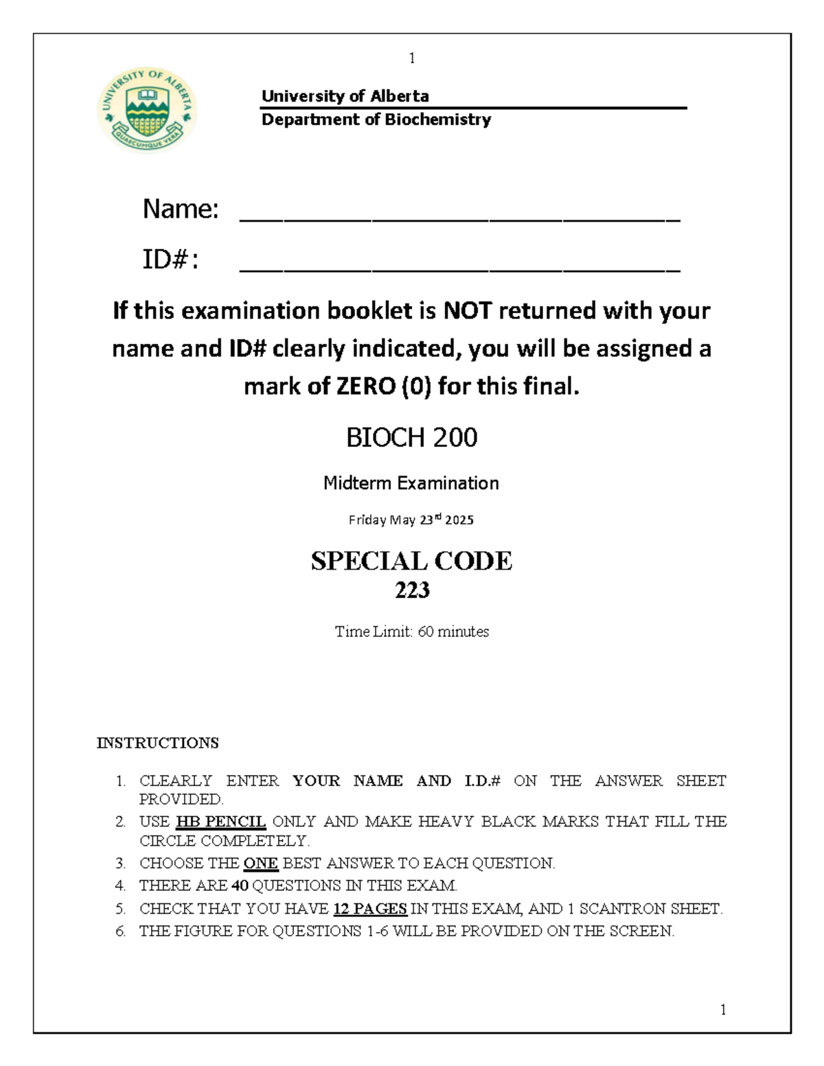 BIOCH 200 Midterm Exam - University of Alberta 2025 - Studocu