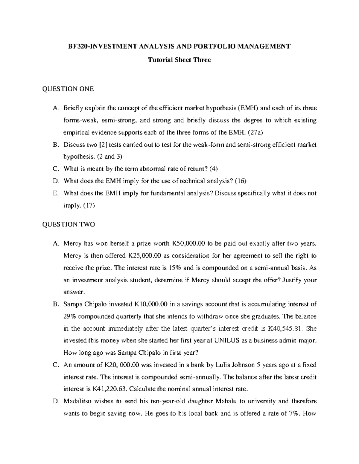 BF320 Tutorial Sheet 4 - Fourth year - BF320-INVESTMENT ANALYSIS AND ...