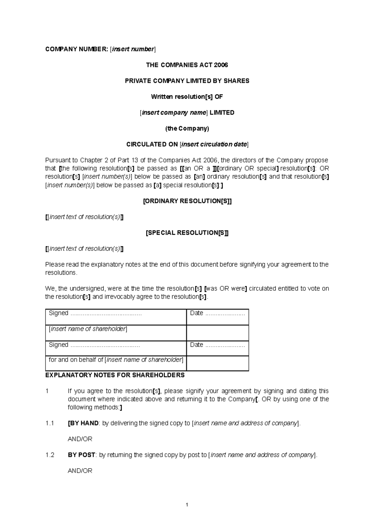 Written Resolution Template for Company No. WS6 - Studocu