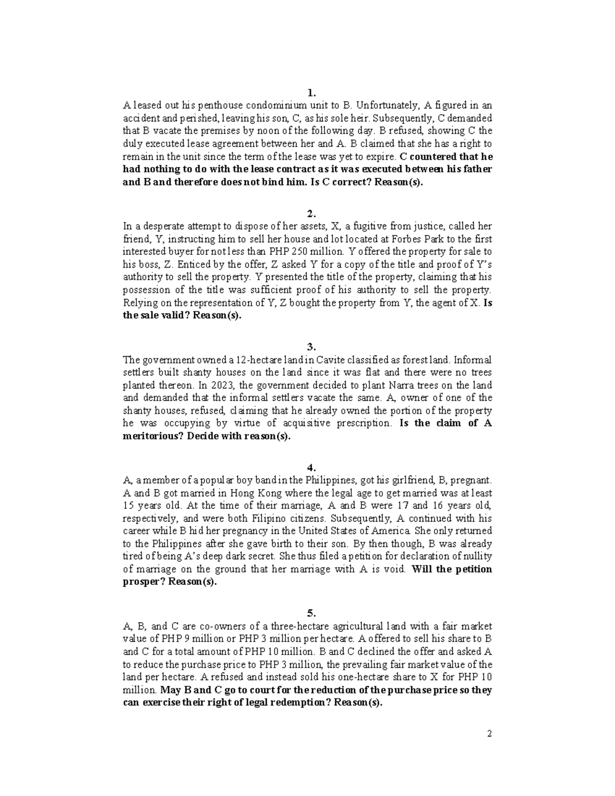 2025 Civil Law Bar Questions: Key Legal Issues and Analysis - Studocu