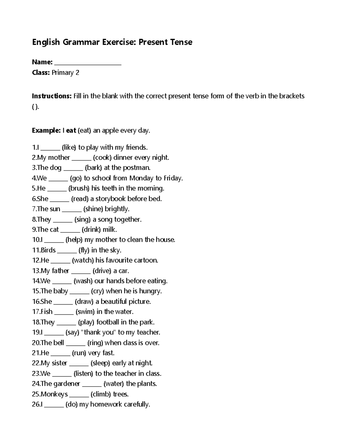 P2 English Grammar: Present Tense Exercise - Studocu