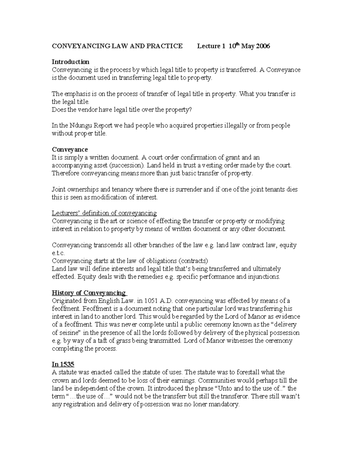 Conveyancing Lectures All Notes - CONVEYANCING LAW AND PRACTICE Lecture ...
