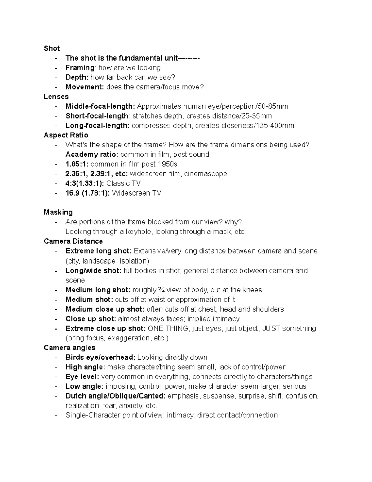 CIN 101: Cinematography Screening Notes - Key Concepts & Techniques ...
