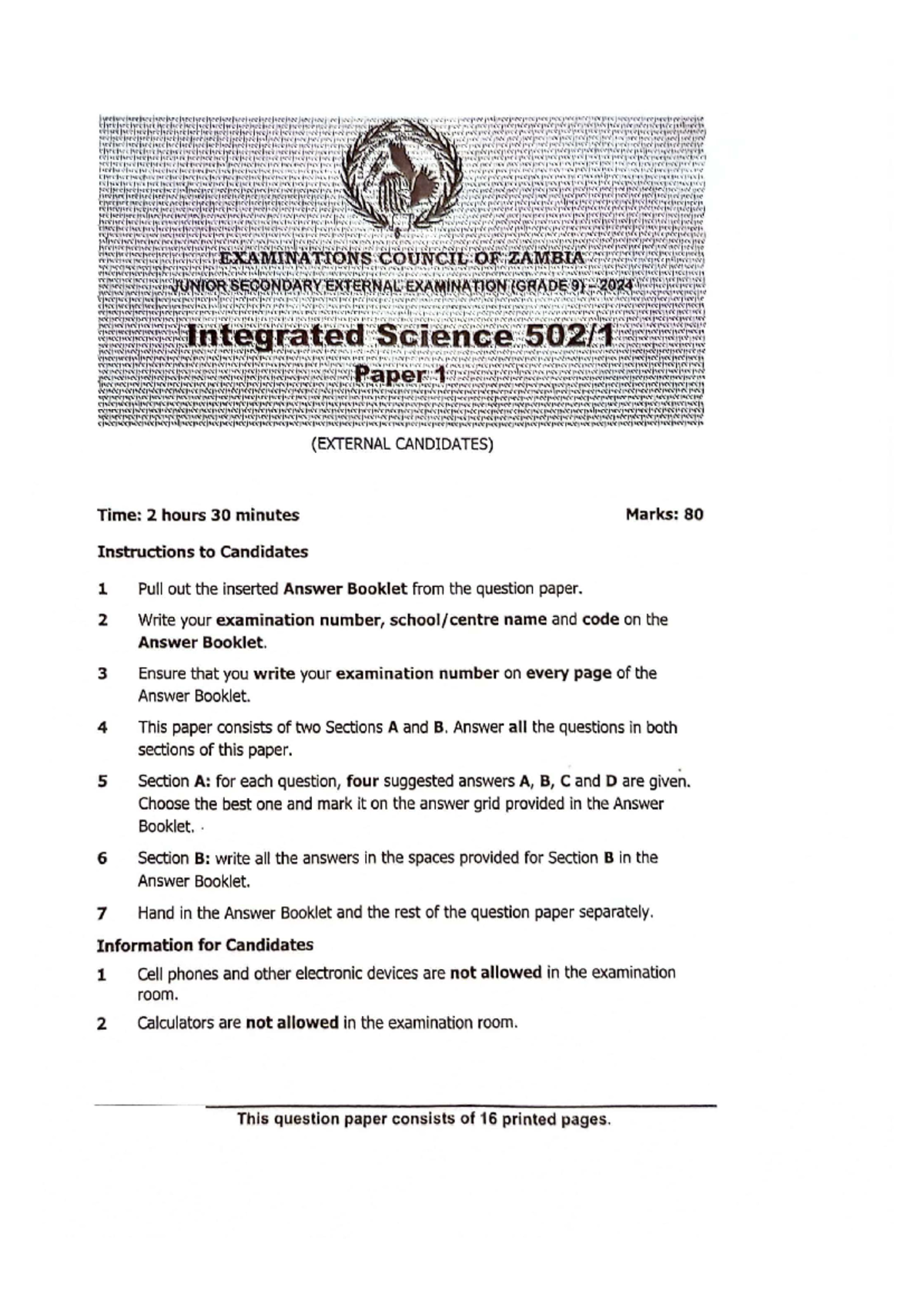 Integrated Science 2024 external QP & MS - (EXTERNAL CANDIDATES) Time ...