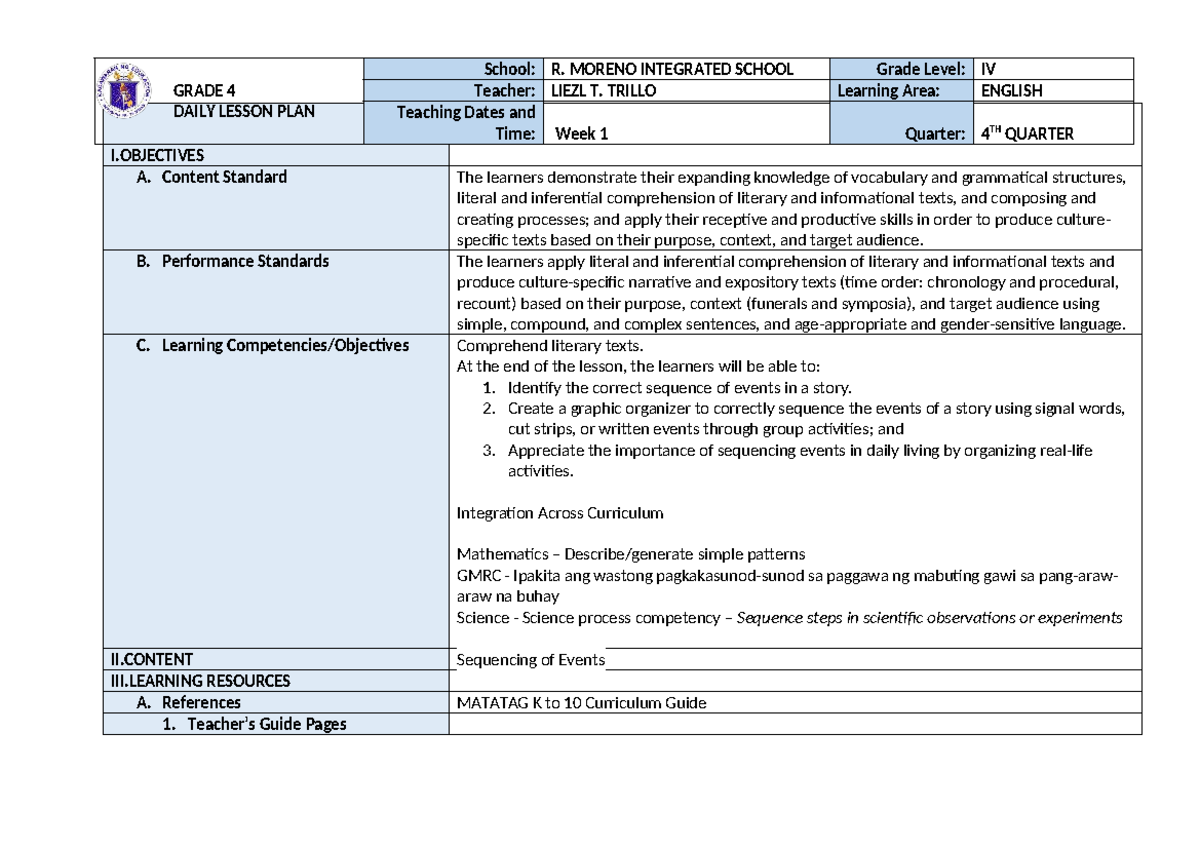ENG 4 Q4W1 Daily Lesson Plan: Sequencing Events in Stories - Studocu
