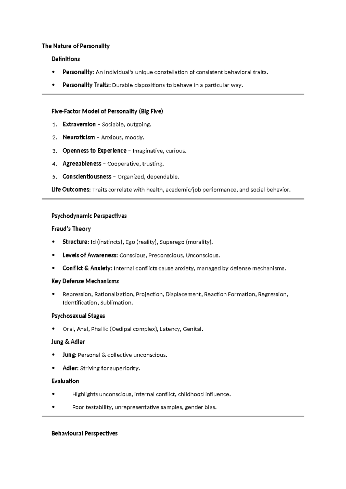 Chapter 11 Summary: The Nature of Personality Definitions and Theories ...