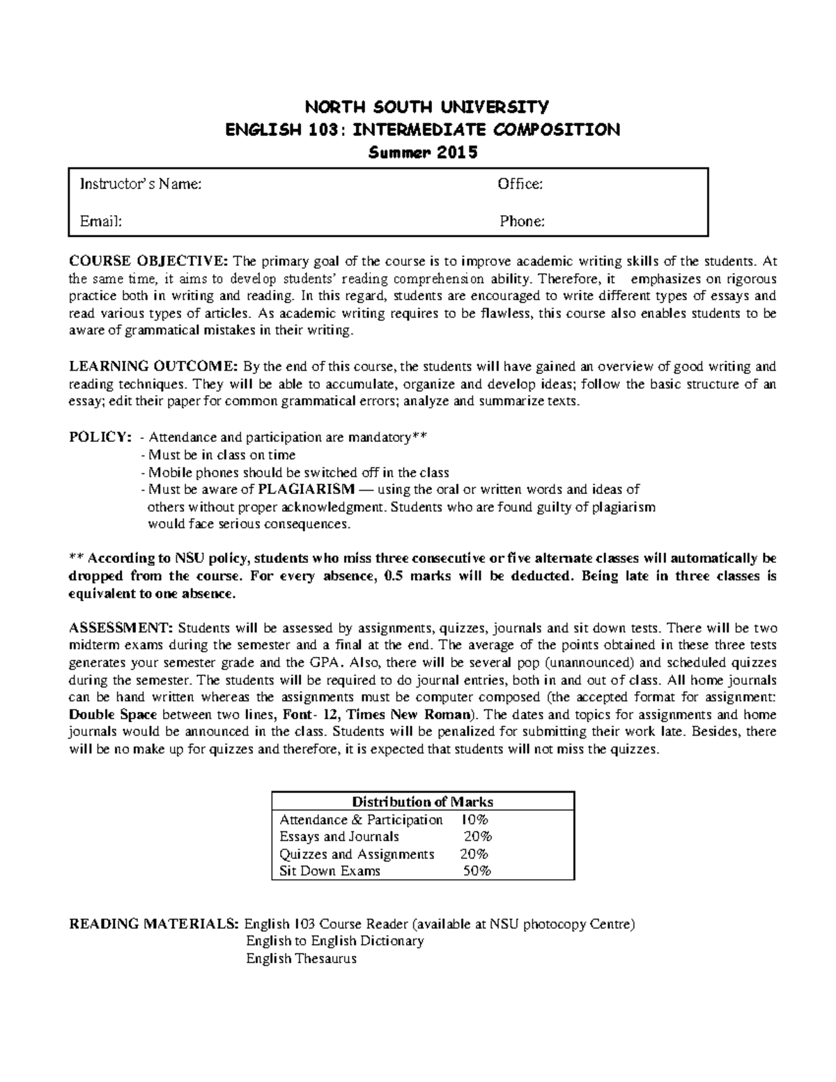 ENG-103 - Intermediate Composition Course Outline (Summer 2015) - Studocu