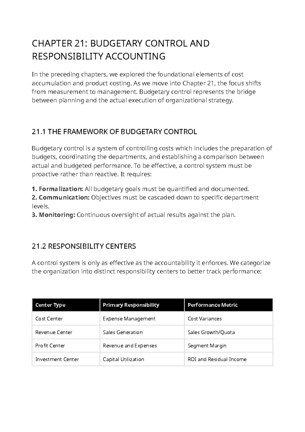 CHAPTER 21: BUDGETARY CONTROL & RESPONSIBILITY ACCOUNTING - Studocu