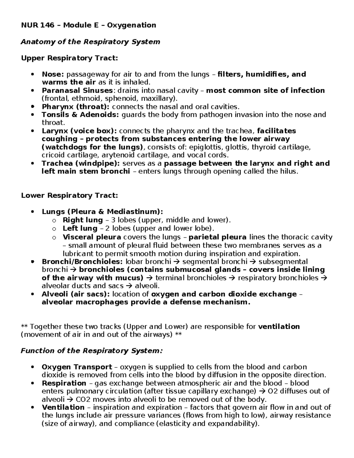 NUR 146 Module E: Anatomy and Function of the Respiratory System - Studocu