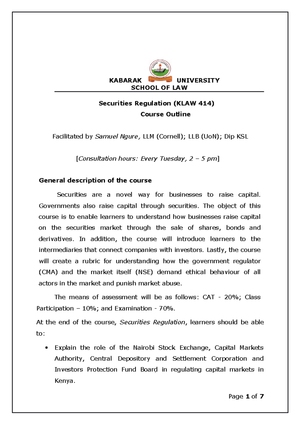 Securities Regulation Course Outline (KLAW 414) - Overview & Key Topics ...