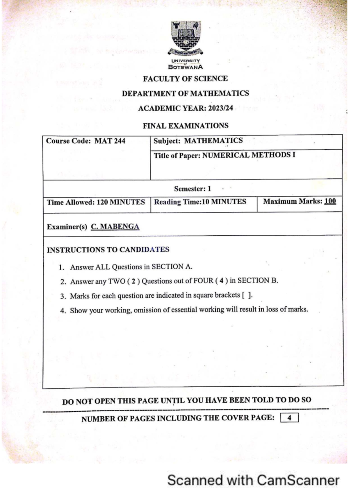 MAT 244 Final Exam: Numerical Methods I - 2023 - Studocu
