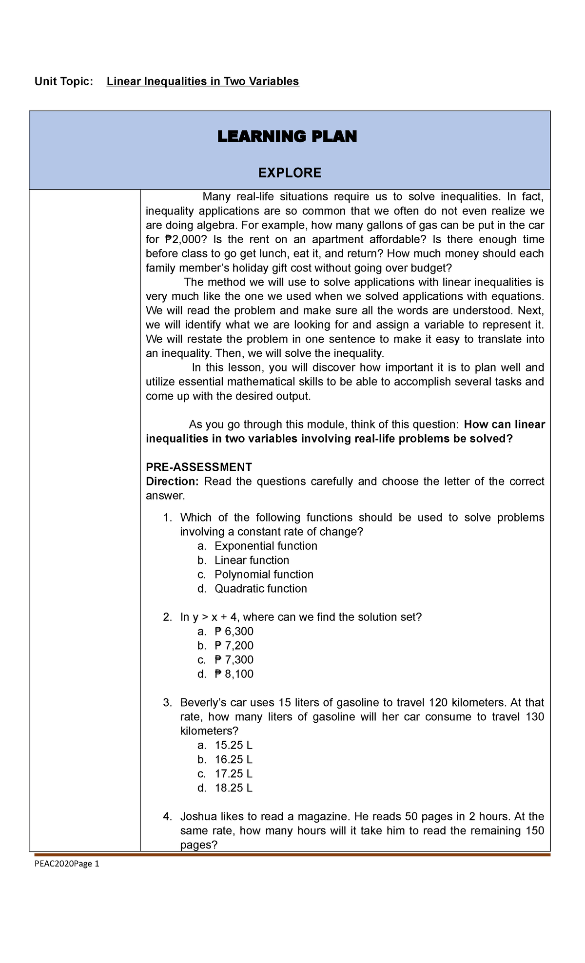 M8AL-IIa- Linear Inequalities in Two Variables Learning Plan - Studocu