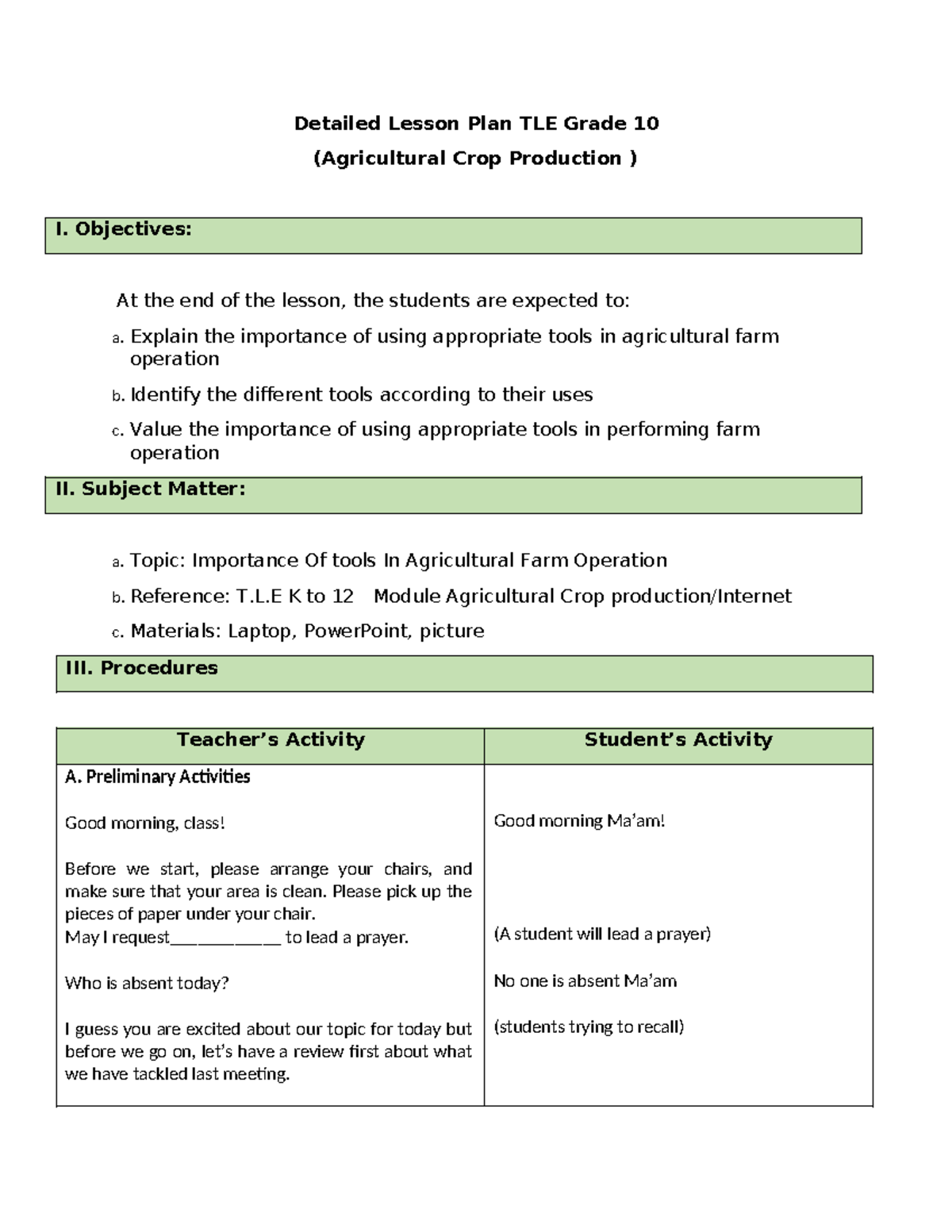 Detailed Lesson Plan TLE 10: Importance of Tools in Agriculture - Studocu