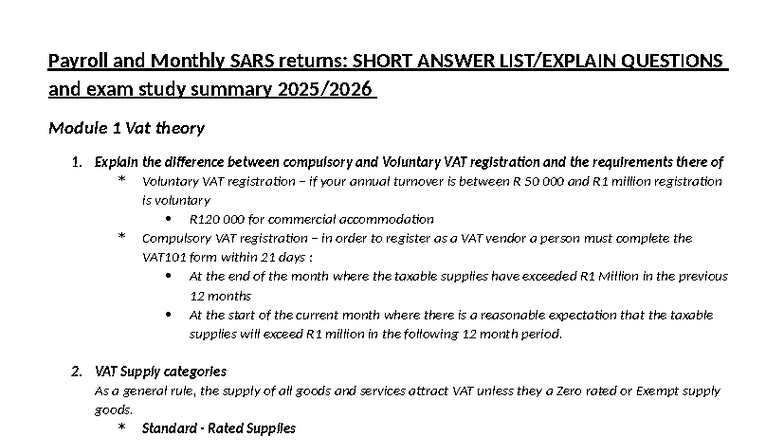 Payroll and Monthly SARS Returns: Short Answer Questions & Summary ...