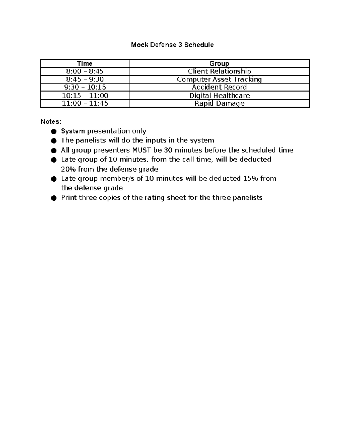 Mock Defense 3 Schedule and Guidelines for Presenters - Studocu