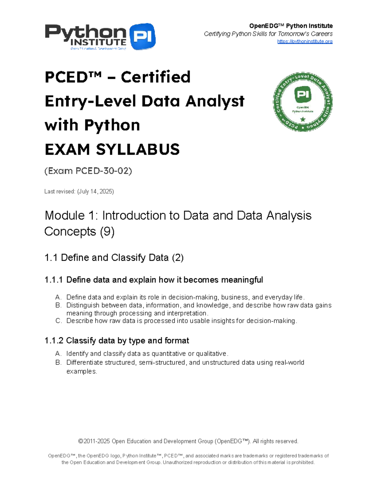 PCED Exam Syllabus: Certified Data Analyst with Python Skills - Studocu