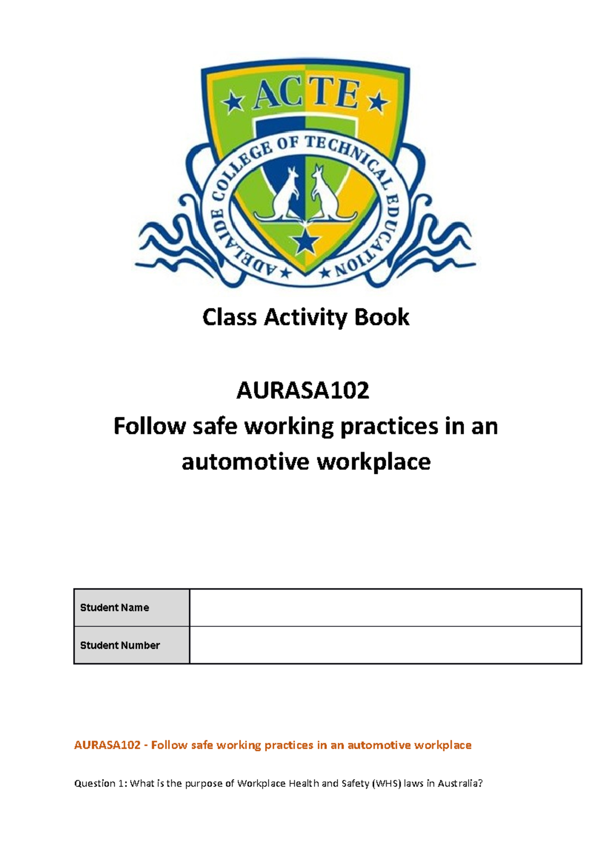 Aurasa 102 Class activity book - Student v11.0 - Class Activity Book AURASA Follow safe working ...