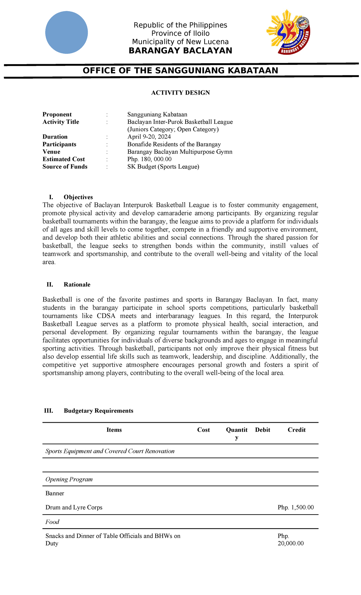 Baclayan Inter-Purok Basketball League Activity Design (IPBL 2024 ...