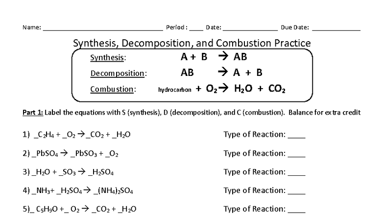Chemistry 101: Synthesis, Decomposition & Combustion Practice - Studocu