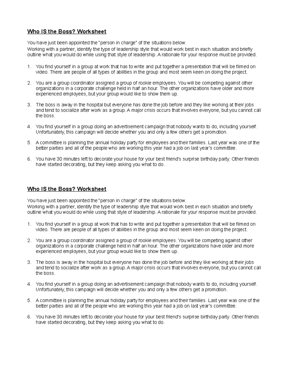 Who IS the Boss? Leadership Styles Activity (BOH4M) Worksheet - Studocu