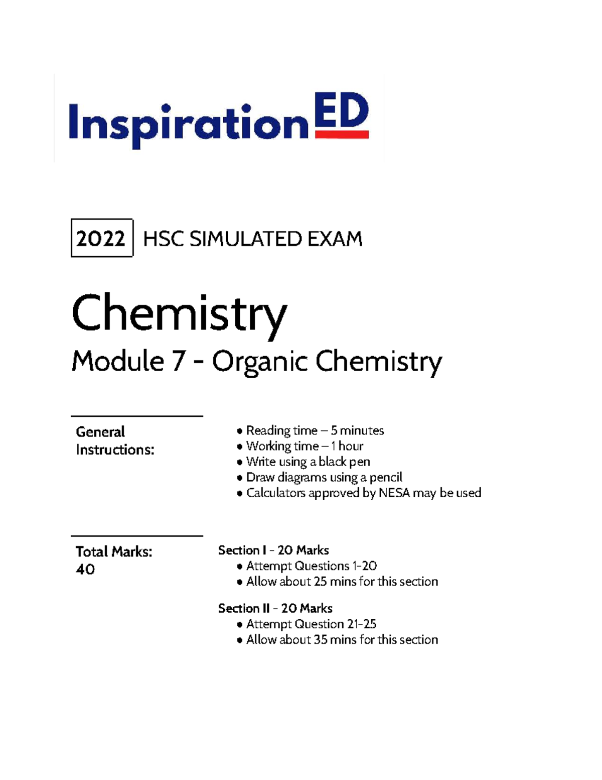 Mod 7 - HSC Simulated Exam Chemistry: Organic Chemistry - Studocu