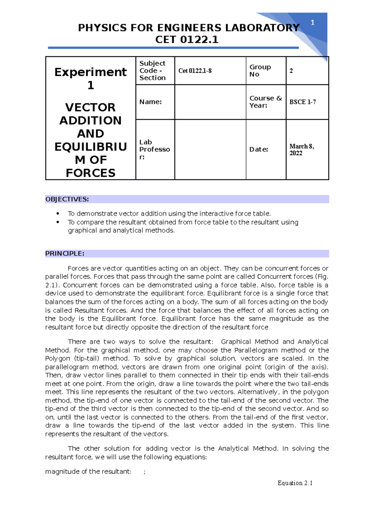 CET 0122 Physics Lab: Experiment 1 on Vector Addition with Solutions ...