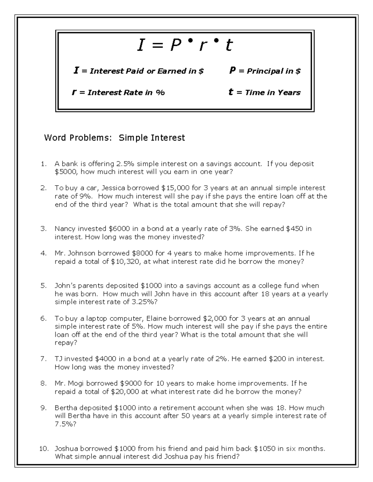 Simple Interest Word Problems: Understanding I, P, r, t Concepts - Studocu