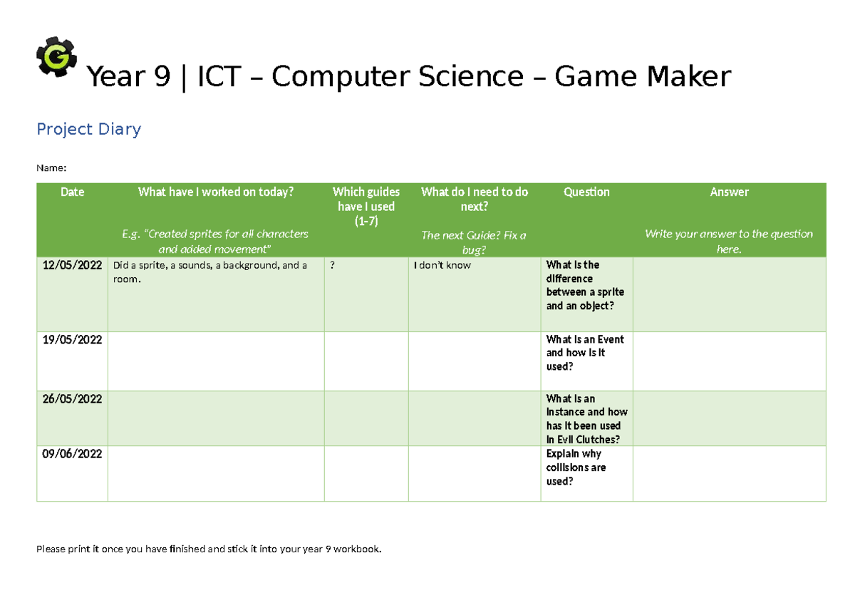 Year 9 ICT: Game Maker Project Diary & Reflection - Studocu