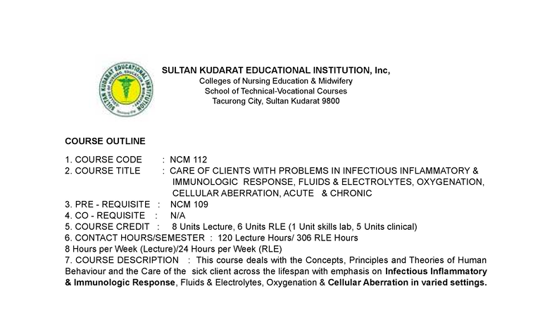 NCM 112: Care of Clients with Infectious & Inflammatory Responses - Studocu