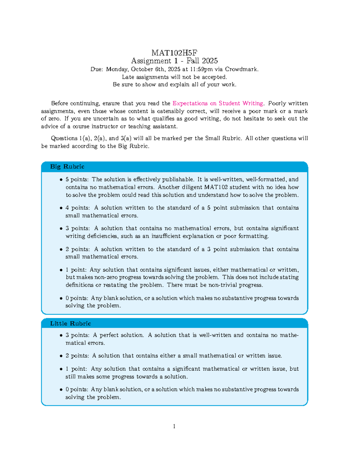 MAT102H5F Assignment 1 Guidelines & Grading Rubrics Fall 2025 - Studocu