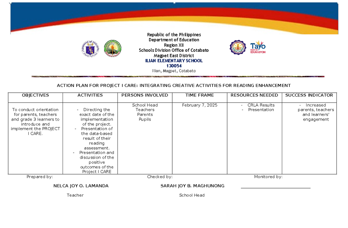 Action Plan- Project I CARE - Department of Education Region XII ...