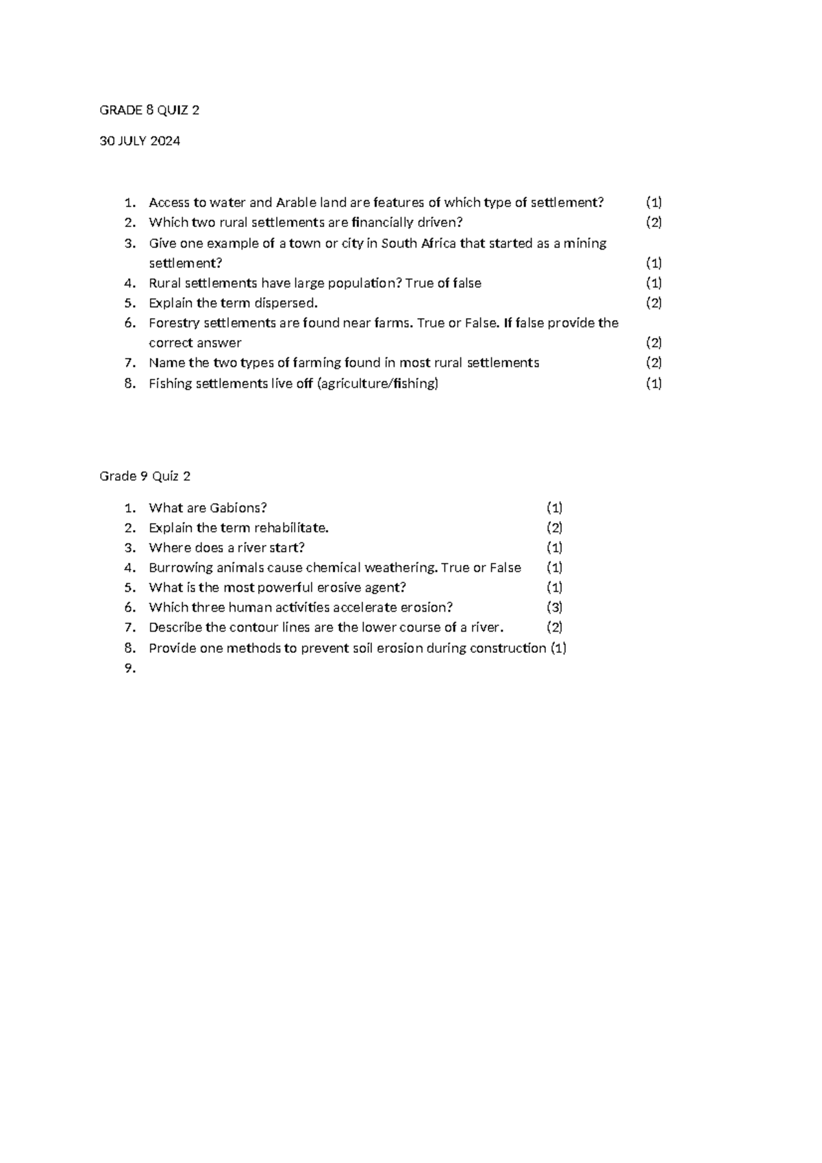 Grade 8 Geo Quiz 2 - Term 3 Assessment Questions - Studocu